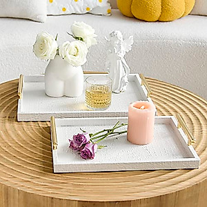 JUMBO HUMBLE Modern Elegant Large Wood Serving Tray, Set of 2 Pearl White Crocodile Leather with Gold Polished Metal Handles, Rectangle Decorative Tray Ottoman Tray Coffee Table Tray for Living Room