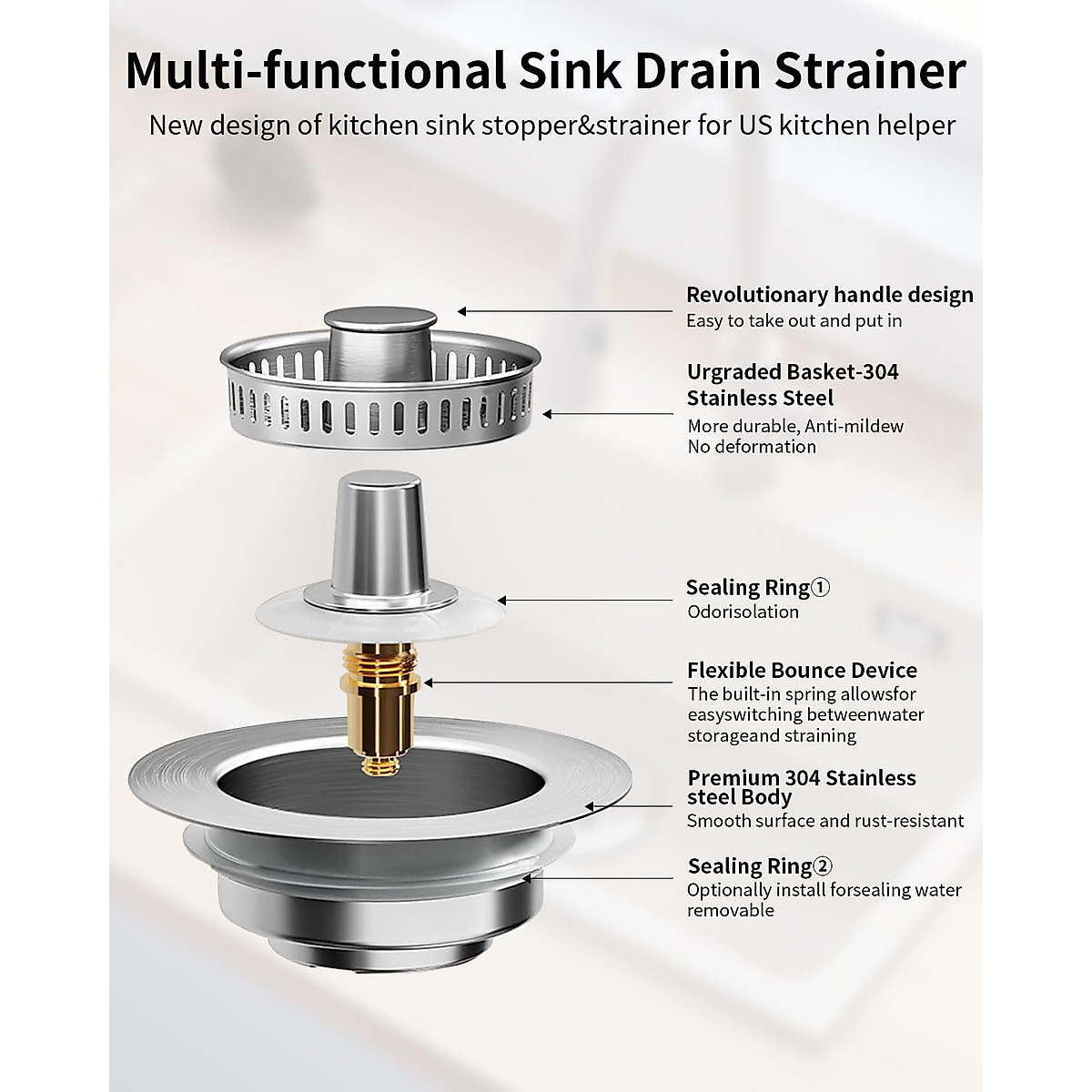 RLQXG 3 in 1 Kitchen Sink Drain Strainer [304 Stainless Steel Pop Up] Anti-Clogging Kitchen Sink Drain Stopper Stainless Steel Efficiently Drainage Odor Filter Sink Plug for Us Standard 3-1/2 Inch