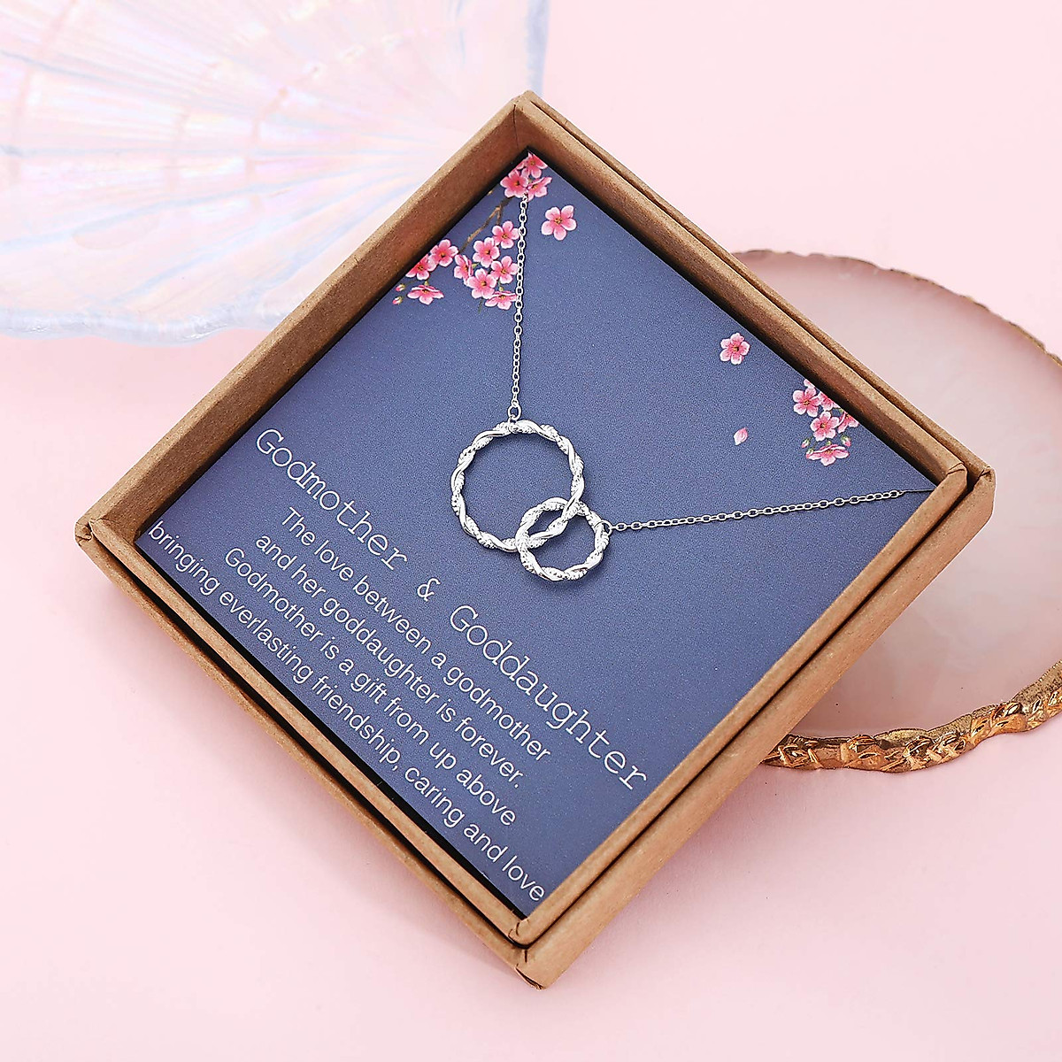 Gifts for Godmother from Goddaughter - Sterling Silver Twisted Intertwined Double Circle Necklace Jewelry -Godmother Goddaughter Birthday with Message Card & Gift Box