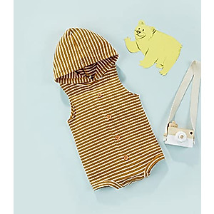 Newborn Baby Boy Girl Unisex Romper Infant Toddler One Piece Hooded Striped Bodysuits Sleeveless Buttons Clothes (A~Brown , 3-6 Months )