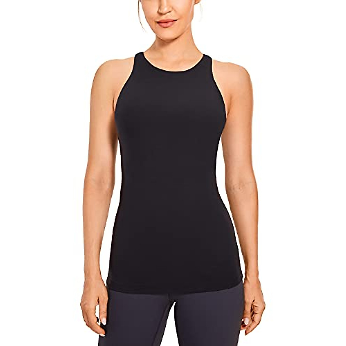 CRZ YOGA Womens High Neck Workout Tank Tops - with Built-in Shelf Bra Racerback Athletic Sports Shirts Black Medium