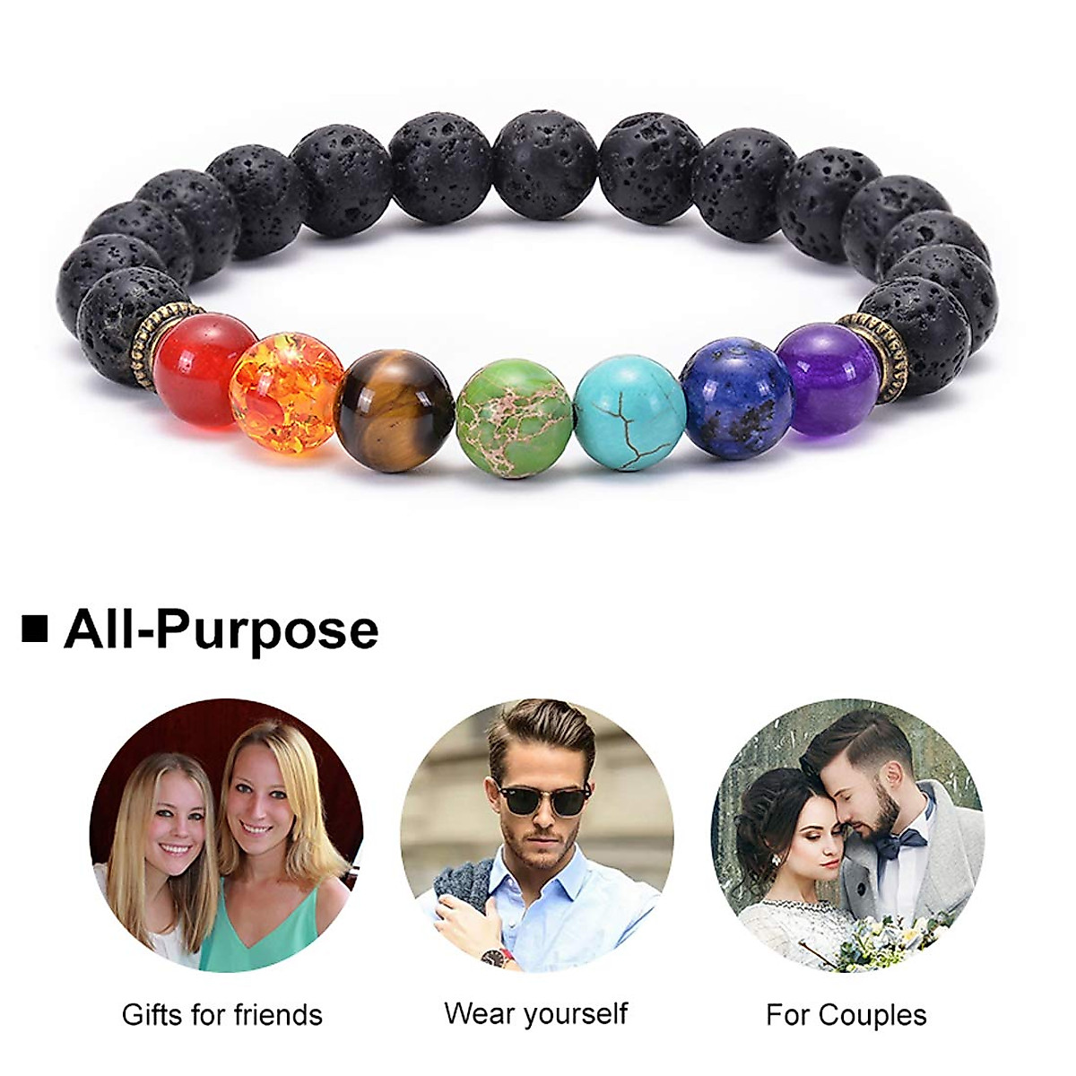 GelConnie Lava Rock Chakra Bracelet 7 Chakra 8mm Natural Stone Healing Bracelet Stress Relief Yoga Beads Anxiety Bracelet Aromatherapy Essential Oil Diffuser Bracelet Bangle