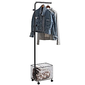 DOEWORKS L-Style Laundry Rolling Basket Cart with Clothes Hanging Bulter and Wheels, Laundry Hamper Sorter for Lavatory with Hanging Bar, Black