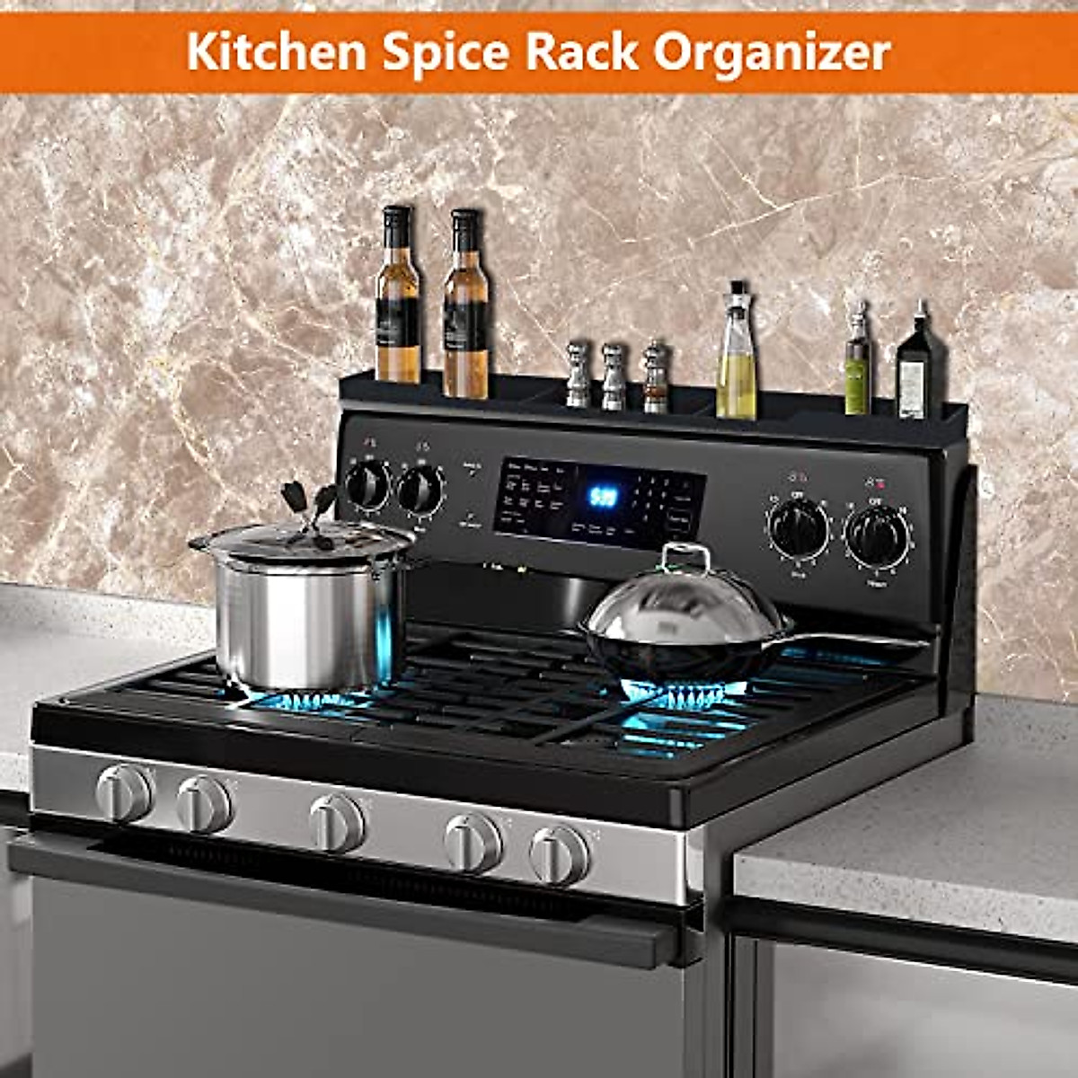 AWOKE Stove Top Shelf 20 Inch - Silicone Magnetic Shelf Over the Stove - 3 Functional Partitions Kitchen Spice Rack Organizer (Black)