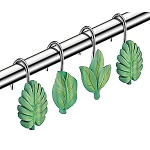Yuiviot 12pcs Green Leaf Shower Curtain Hooks Rings, Tropical Botanical Theme, Cute Hangers for Bathroom Decor, Rust Proof and Heavy Duty, Eucalyptus, Palm Tree Decoration