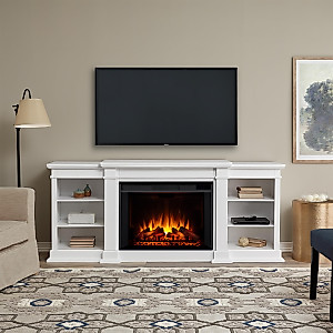 Real Flame Eliot Grand Electric Fireplace TV Stand, Solid Wood with Adjustable Shelves, Includes Mantel, Firebox & Remote Control, White