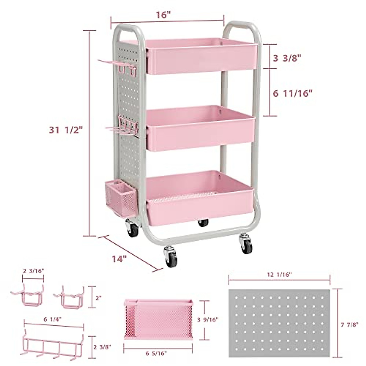 EUREKA ERGONOMIC 3 Tier Rolling Utility Cart, Metal Craft Art Organization Cart Storage Trolley w Handle, Locking Wheels, Pegboard & Storage Basket Hook for Office Kitchen Bathroom Laundry Room, Pink