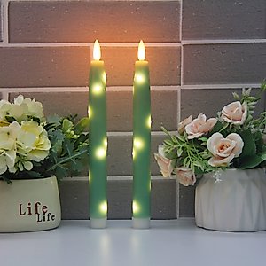 HVTDECOR Flameless Flickering Taper Candles Battery Operated with Embedded String Lights, wtih Timer and Remote, LED Real Wax Tapered Dinner Candle Set of 2 (Green)
