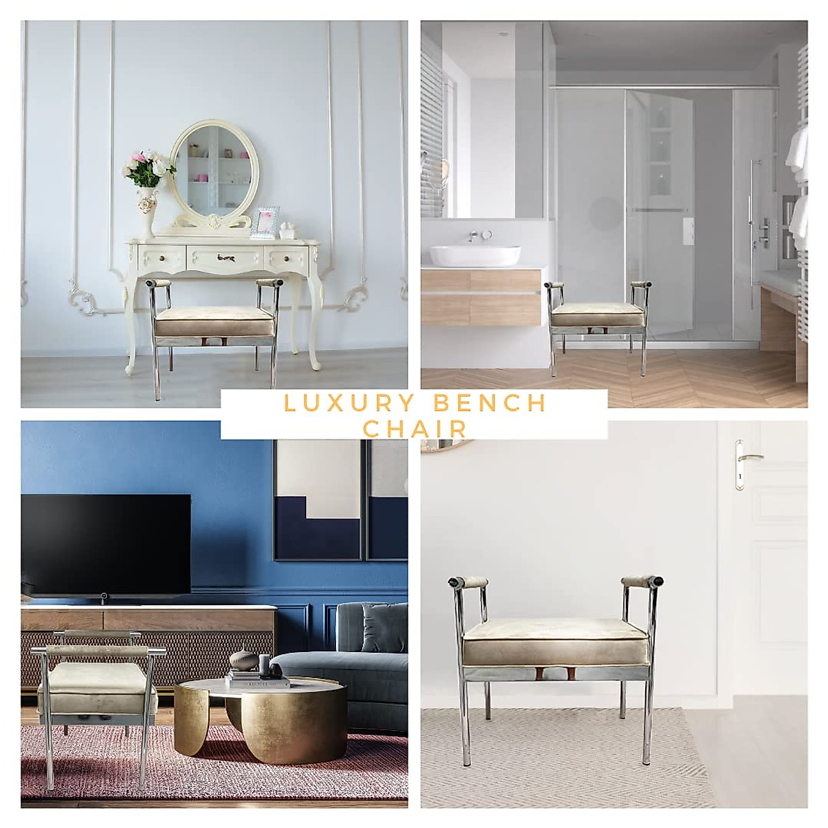 First of a Kind Modern champagne Seating Bench with arms, Modern Style Velvet upholstered Entry Way champagne Bench with Silver Frame, Seating Bench for Living Room, entryway, Bedroom, Vanity, Office.