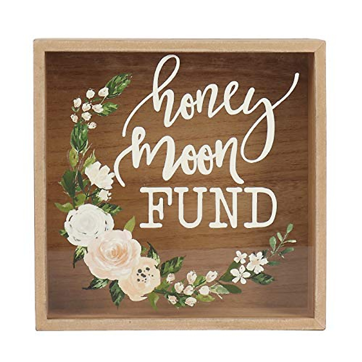 Hanna Roberts Honey Moon Fund and Card Rustic Wood Box with Mixed Floral Garland Design for Weddings, Birthdays, Graduations, Baby and Bridal Showers, 9.5" x 3" x 9.5", Honey Moon Fund