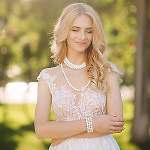 BBTO 4 Pieces Pearl Necklace Set for Women, 8 mm Round Shell Pearl Stunning Pearl Stretch Bracelet, Multi Strand Choker Necklace, Dangle Earrings Jewelry, Halloween Christmas Birthday Wedding Present