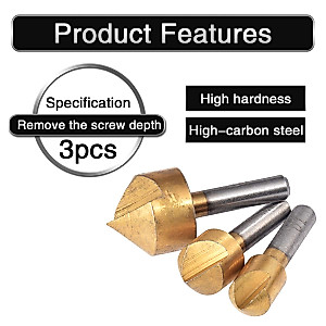 HOHXEN 5Pcs Titanium Chamfering Countersink Drill Bit Set - 3/8" 1/2" 3/4" - 10mm 12mm 19mm for Wood Metal Quick Change Drill Bit Set