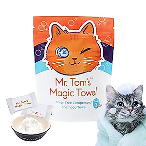Mr. Tom's Magic Towel - Pet Wipes for Cats - Rinse-Free Compressed Shampoo Towel for Cats and Dogs - Non-Toxic, Re-usable, pH-Balanced, Omega 3 Fish Oil Cat Shampoo - 10 Towel Pieces