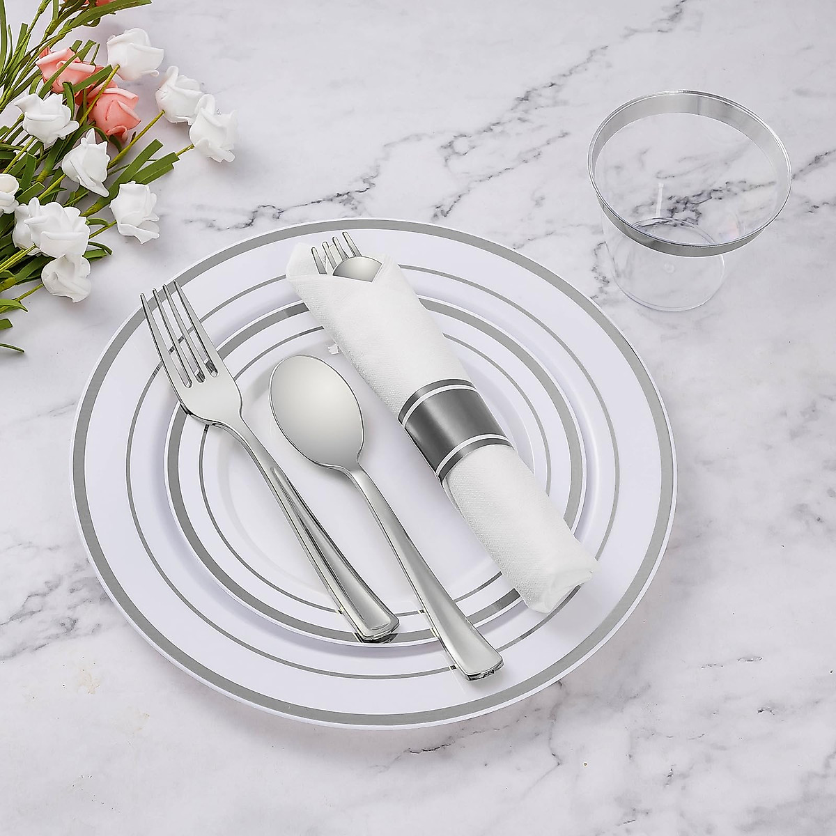 Goodluck 350 Piece Silver Plastic Dinnerware Set for 50 Guests, Fancy Disposable Plates for Party, Include: 50 Dinner Plates, 50 Dessert Plates, 50 Pre Rolled Napkins with Silver Silverware, 50 Cups