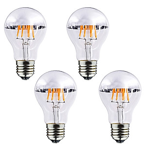 Lxcom Lighting A19 Half Chrome Silver LED Light Bulb 8W Dimmable Silver Bowl Tipped Mirror Bulbs 80W Equivalent Warm White 2700K E26 E27 Base Decorative Filament Vintage Edison Bulb, AC110V(4 Pack)