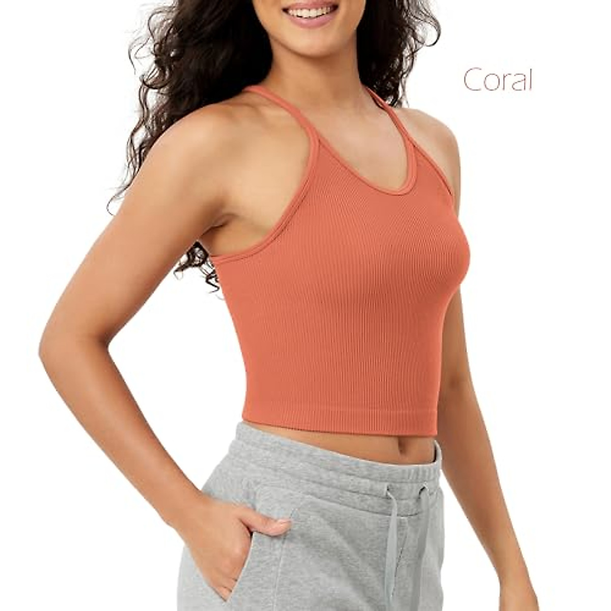 ODODOS Women's Crop Camisole 3-Pack Seamless Rib-Knit Crop Tank Tops, Long Crop, Beige Coral Teal, X-Small/Small
