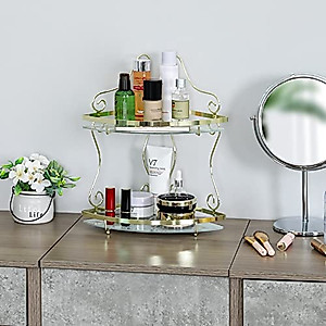 JKsmart 2 Tier Bathroom Corner Shelf, Kitchen Countertop Organizer, Makeup Shelf Organizer and Storage, Spice Rack Standing Shelves, Perfect Storage Tray for Bathroom, Kitchen, Vanity (Gold)