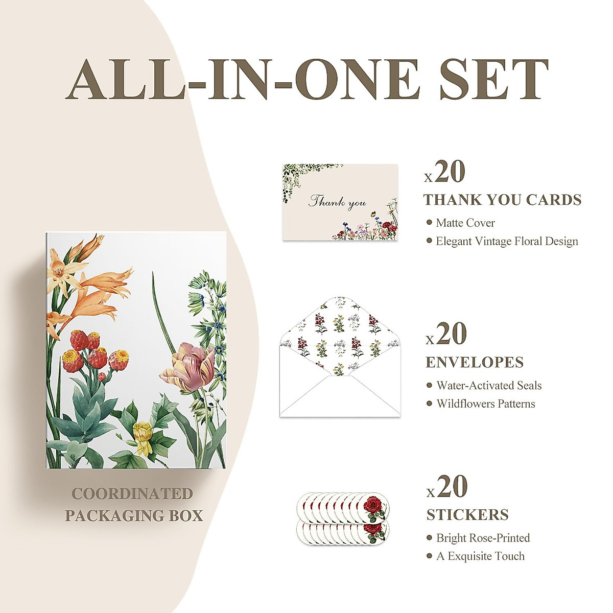 Thank You Cards, 4x6 Inch Vintage Flower Thank You Cards with Envelopes, Elegant Floral Design, Blank Thank You Cards Bulk for Birthday, Wedding, Anniversary, 20 Pack