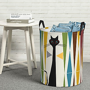 Mid-Century Modern Art Cat Printed Round Foldable Laundry Basket With Handle For Home, Bathroom, Dirty Clothes, Toy Storage