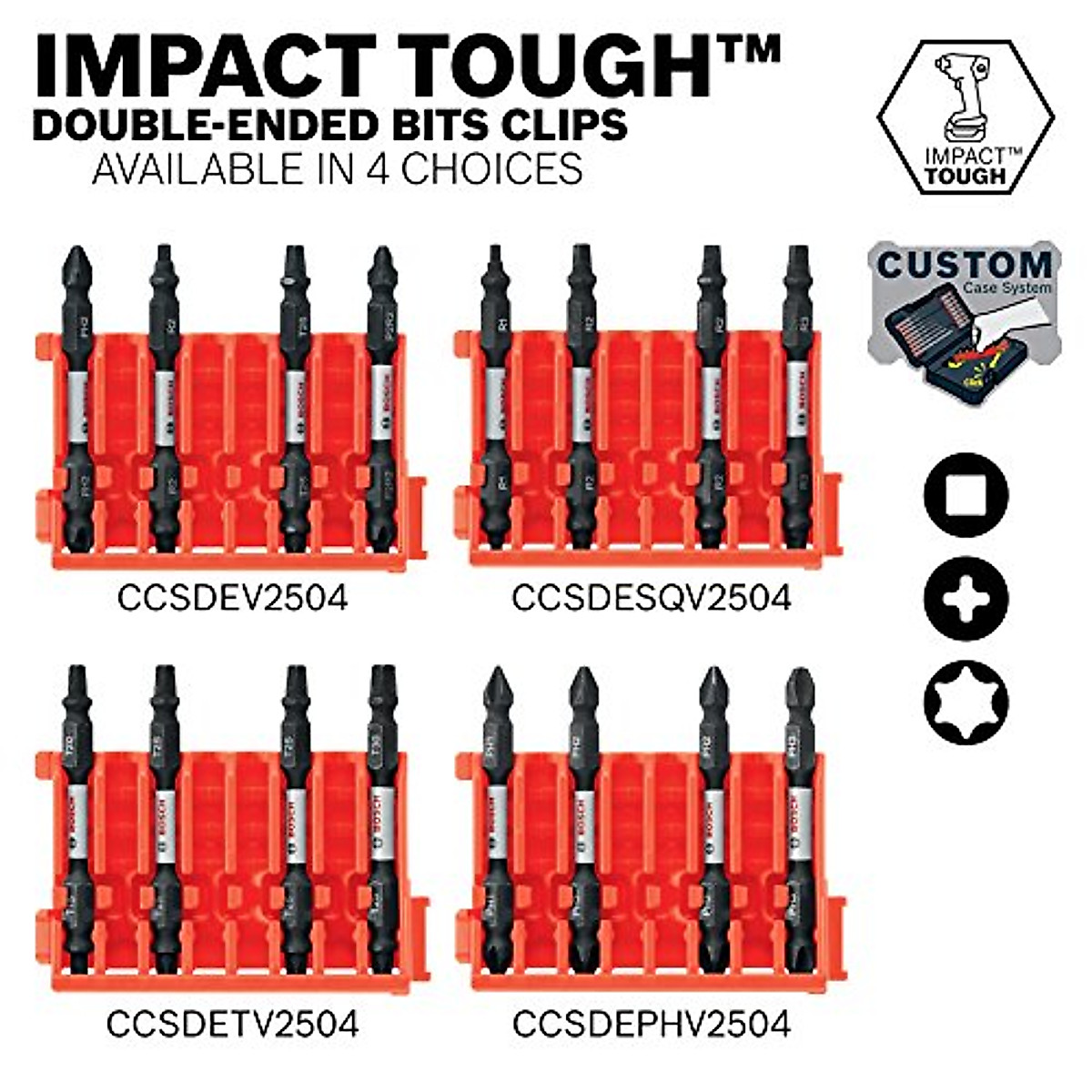 BOSCH CCSDEV2504 4-Piece Assorted Set 2-1/2 In. Impact Tough Phillips, Square, and Torx Double-Ended Bits with Clip for Custom Case System