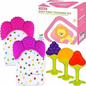 Teething Mittens for Baby (2 Pack) with Baby Teething Toys (3 Pack), Self Soothing Pain Relief Mitt, Silicone Baby Teethers, BPA-Free, Natural Organic Freezer Safe for Infants and Toddlers
