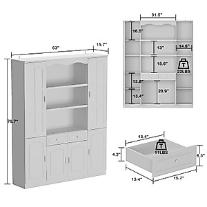 Homsee Tall Bookcase Bookshelf with Shelves, Drawers & 2 Carved Glass Doors, Wooden Display Storage Cabinet with 14 Compartments for Home Office, Living Room, White (63" W x 15.7”D x 78.7”H)