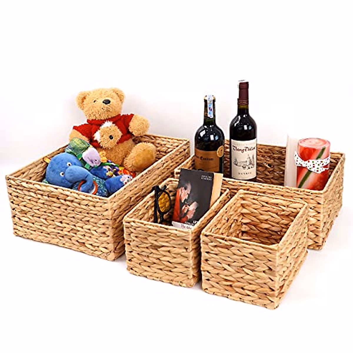 Rectangle Water Hyacinth Storage Baskets Set Of 4 and Wicker Divided Storage Basket Woven Natural Basket Hyacinth