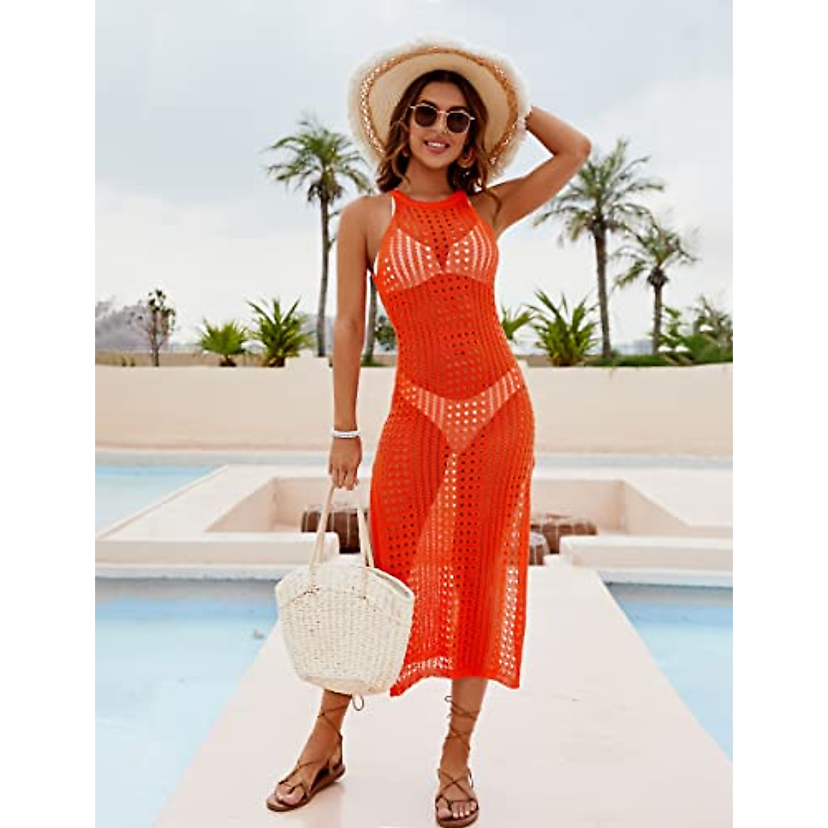 BMJL Womens Crochet Cover Up Sleeveless Side Split Cute Coverups Hollow Out Swimsuit Cover Ups (Large, Orange)