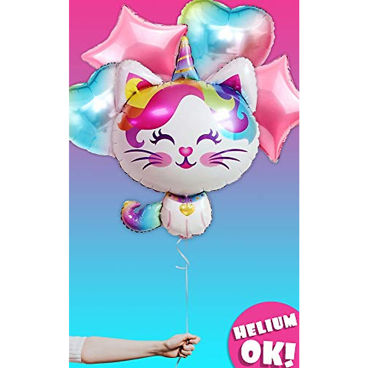 OMG Party Factory Caticorn Party Supplies Balloon Decorations | Birthday Decor for Girls Cat Unicorn Theme | Fancy Rainbow Kitty Balloons for Bday or Baby Shower | Mylar Foil Balloon Set for Kids