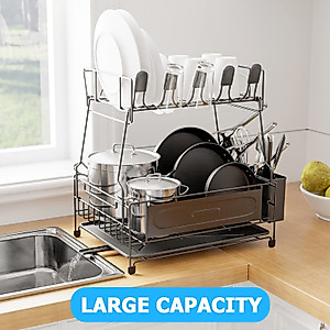 2 in 1 Kitchen Dish Drying Rack, 2-Tier Dish Rack for Kitchen Counter with Drainboard, Stainless Steel Large Capacity Dishrack, Multifunctional Rustproof Dish Drainer, Black