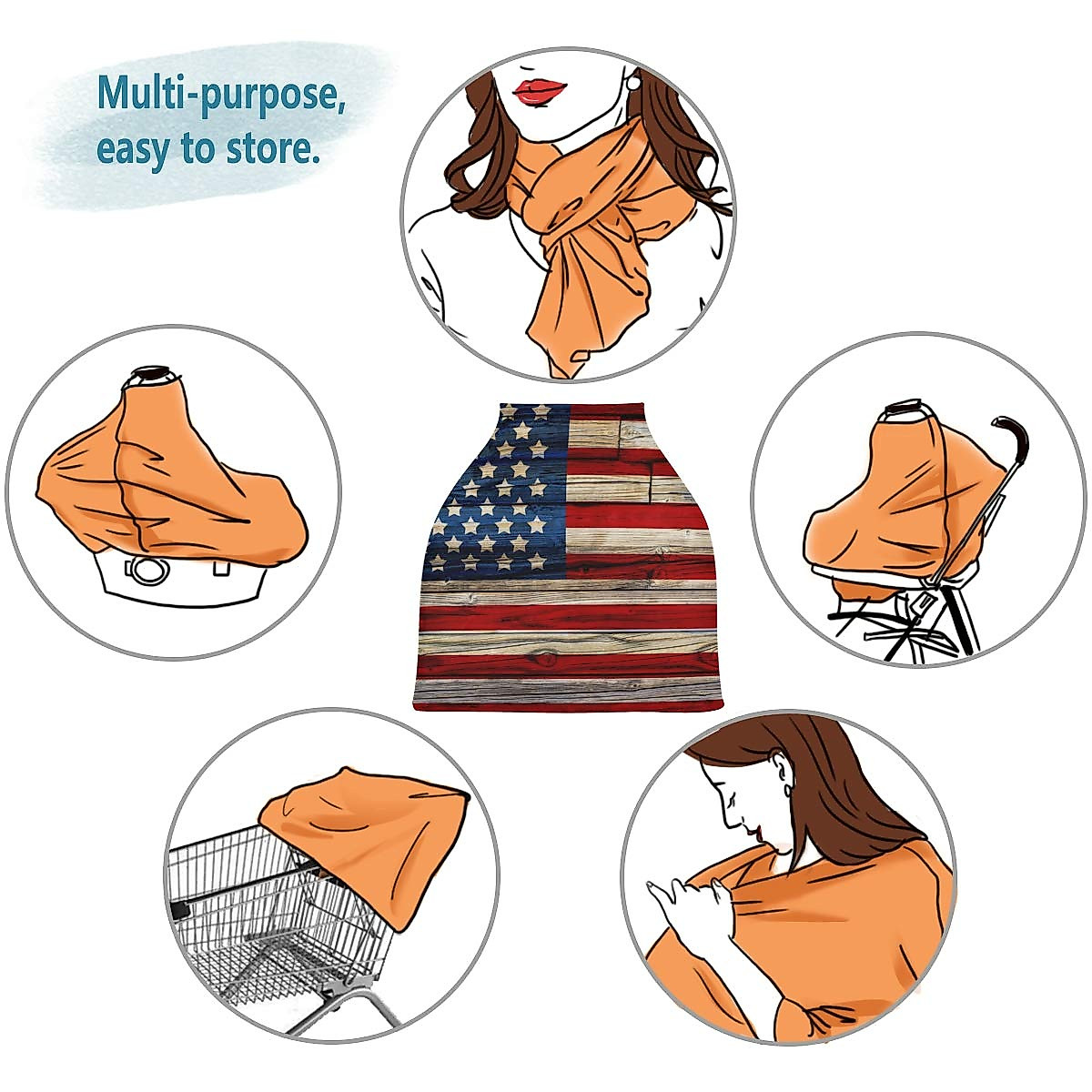 Baby Carseat Cover Canopy Breastfeeding Cover - Old Painted American Flag Nursing Cover Blanket Breathable Baby Girl Stroller Cover Baby Shower Gifts for Girl Boy