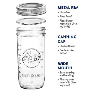 Tebery 6 Pack Wide Mouth Home Glass Mason Jars with Airtight Lids and Bands, 24-Ounce Canning Glass Jars for Canning, Fermenting, Pickling, Meal Prep, Overnight Oats, Jam, Jelly