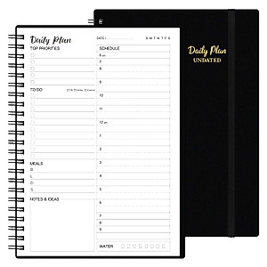 Undated Daily Planner - A5 Undated Planner Hourly Planner To Do List Notebook Spiral Appointment Planner, PVC Hardcover, Elastic Closure, Inner Pocket, 8.2” x 5.9”, Black