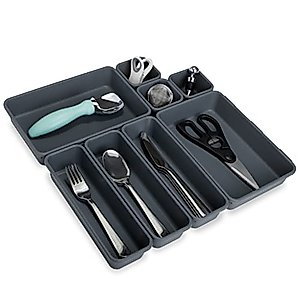 Smart Design Interlocking Drawer Organizer - 8 Piece Set - BPA Free - Utensils, Flatware, Office, Personal Care, or Makeup Storage - Kitchen - Graphite Gray