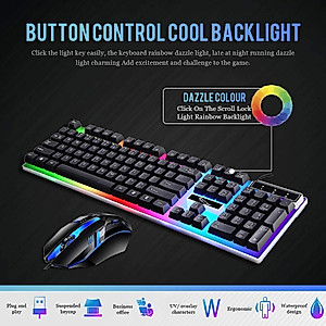 Rainbow Gaming Keyboard Mouse Combo Wired, Backlit Mechanical Keyboard LED 104 Keys USB Mechanical Gaming Keyboard for Computer PC Gamer (Black)