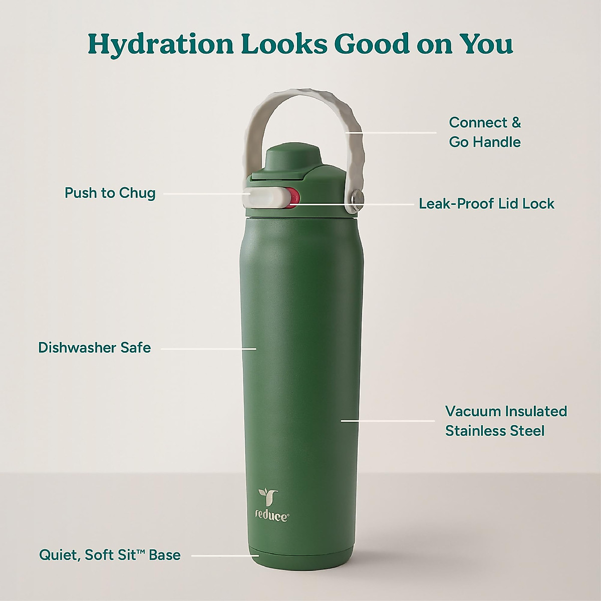 REDUCE Aura Vacuum Insulated 26 oz Water Bottle - Leak-Proof & Chug Spout for Quick Hydration - Keeps Drinks Cold for 30 Hours - Removable Handle for Travel or Gym - Soft Sit Base - Fairway Green