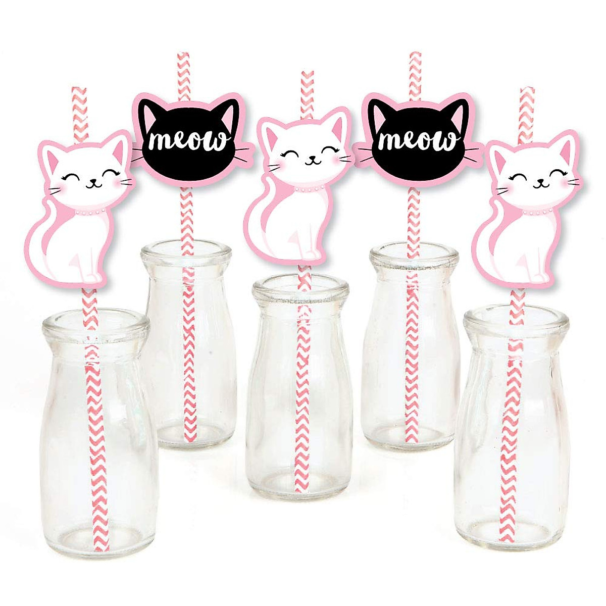 Big Dot of Happiness Purr-fect Kitty Cat - Paper Straw Decor - Kitten Meow Baby Shower or Birthday Party Striped Decorative Straws - Set of 24