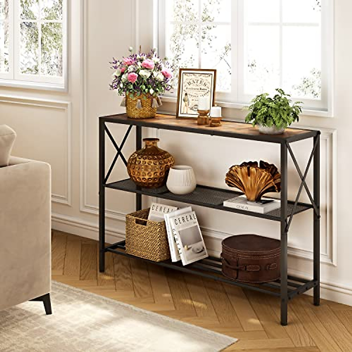 Hoctieon Industrial Console Table, 3 Tier Entryway Table, Hallway Table, Narrow Sofa Table with Shelves, Entrance Table for Entryway, Living Room, Foyer, Hallway, Office, Rustic Brown&Black