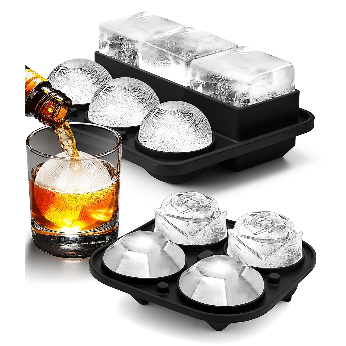 Ice Cube Tray with Lid, Silicone Ice Molds with Round, Square, Diamond, Rose, Large Ice Cube Mold for Whiskey, Bourbon, Cocktails, Easy Release BPA Free, Set of 2