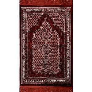 Modefa Turkish Islamic Prayer Rug - Soft & Comfortable Prayer Mat - Muslim Janamaz Sajada - Plush Velvet Praying Carpet for Men and Women - Ramadan or Eid Gift - Geometric Floral Ipek (Red)