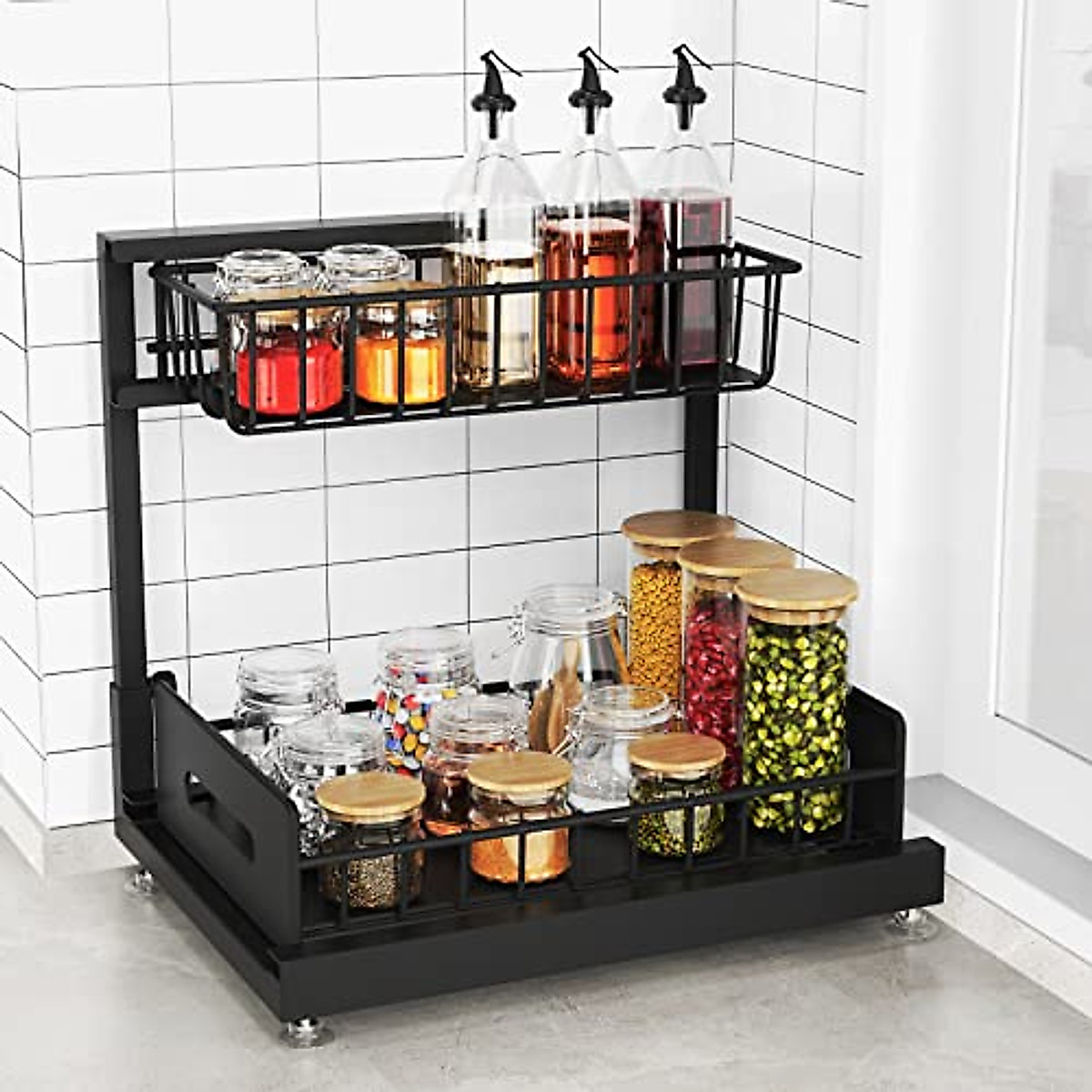 Under Sink Organizer,Pull Out Cabinet Organizer 2 Tier Slide Out Sink Shelf Cabinet Organizer and Storage,Adjustable Metal Under Counter Organizers Multi-Use for Under Kitchen Bathroom Organization