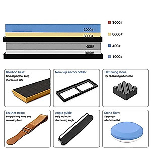 Sharpening Stone Set for Knife Wet Stone Sharpening Kit, Water Stone for Sharpening Knives 4 Side Grit Whetstone 400/1000 3000/8000 Kitchen Knives Sharpeners-Non-Slip Bamboo Base,Gloves,Honing Guide