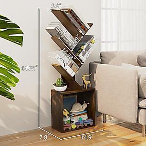 Ochine Tree Bookshelf, 5 Tier Small Bookcase with Large Drawer, Tall Wood Narrow Bookshelves Organizer for CDs/Movies/Books, Floor Standing Book Shelf for Bedroom, Living Room, Home Office Christmas