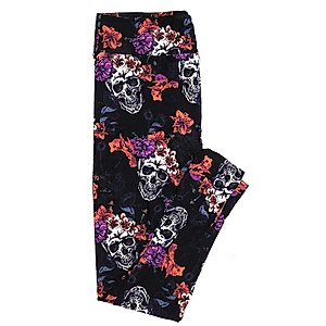 Lularoe Tall Curvy TC Halloween Skulls and Flowers Black White Purple Green Gray Womens Buttery Soft Leggings fits Adults 12-18 995479, Multicoloured