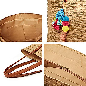 Obosoyo Straw Bags Beach Bag for Women Large Round Wicker Tote Bags Pompom Shoulder Bag Summer Purse (D-Khaki)