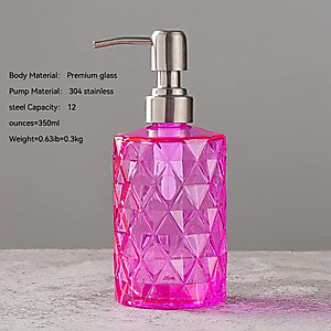 Easy Tang Clear Glass Hand Soap Dispenser Bathroom Kitchen 12 Oz Refillable Liquid Crystal Design Bottle with Silver Pump (Pink)