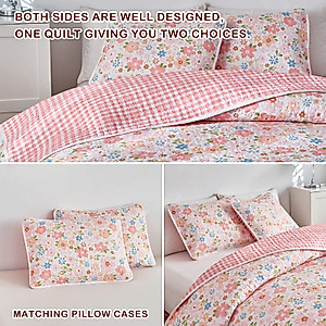 Joyreap 3 Pieces Cotton Quilt Set for Girls, Full/Queen Size Floral Pink Flowers Design, Cozy Lightweight Quilt Bedspread Bed Cover for All Season, 1 Quilt and 2 Pillow Shams- 90x90 inches