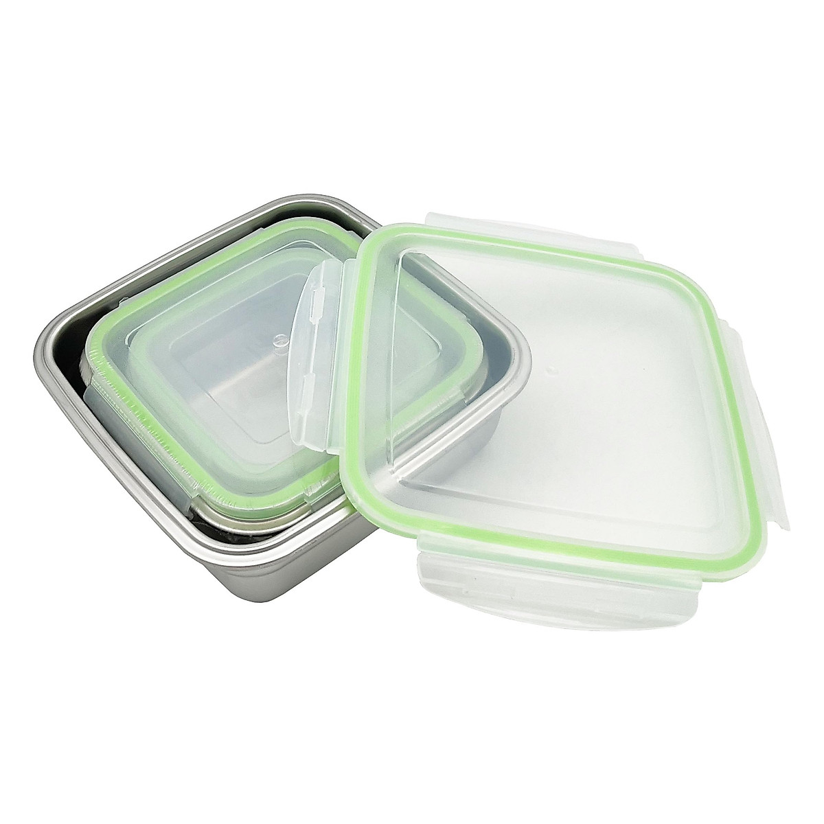 HTIAM Stainless Steel Food Containers, 3-Piece Set with Lids, Reusable for Breakfast, Lunch, Dinner, Snacks Bento Box Square Lunch Box 400/750/1200ml