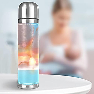 Stainless Steel Leather Vacuum Insulated Mug Sky Thermos Water Bottle for Hot and Cold Drinks Kids Adults 16 Oz