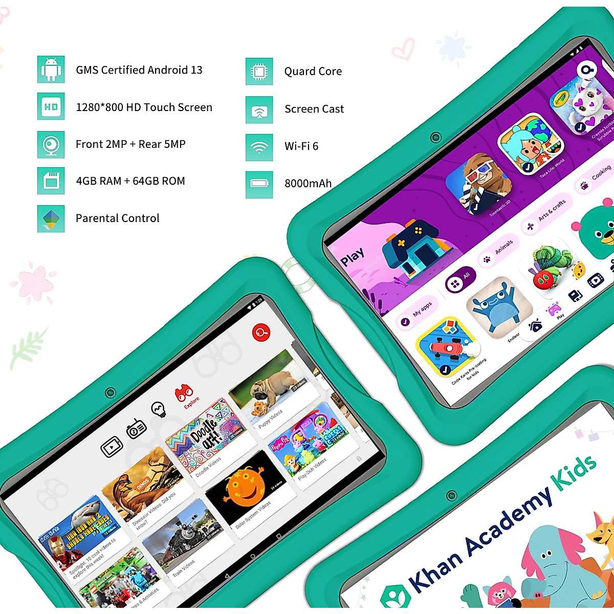 NOBKLEN Kids Tablet 10 Inch, Android 13, 4GB+64GB, 8-Core CPU, WiFi 6, 12H Battery Life, Parental Control, 1280 * 800 HD Display, Dual Cameras, Shockproof Case, Pre-Installed Educational Apps